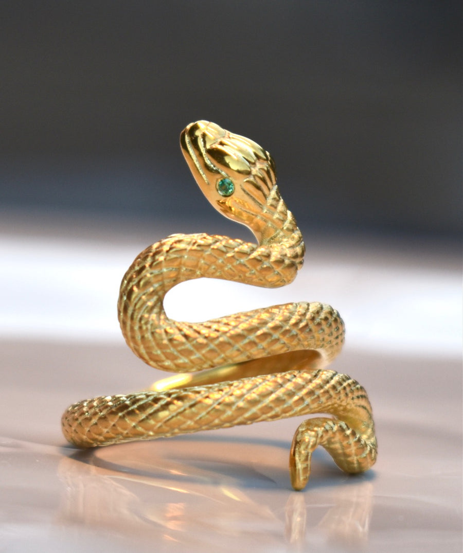 14K Gold Snake Ring with Natural Emerald Eyes, Serpent Ring – Albrecht Jewelry