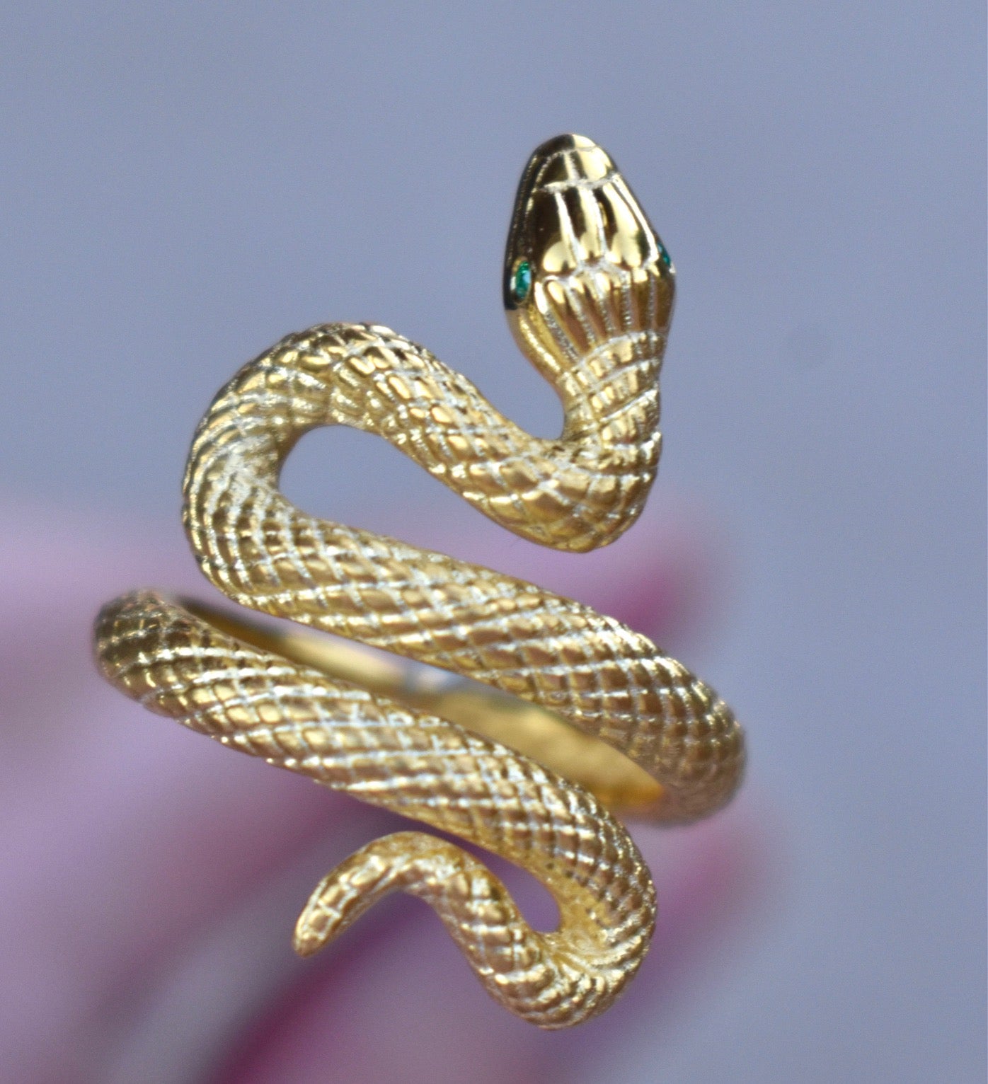 14K Gold Snake Ring with Natural Emerald Eyes, Serpent Ring – Albrecht ...