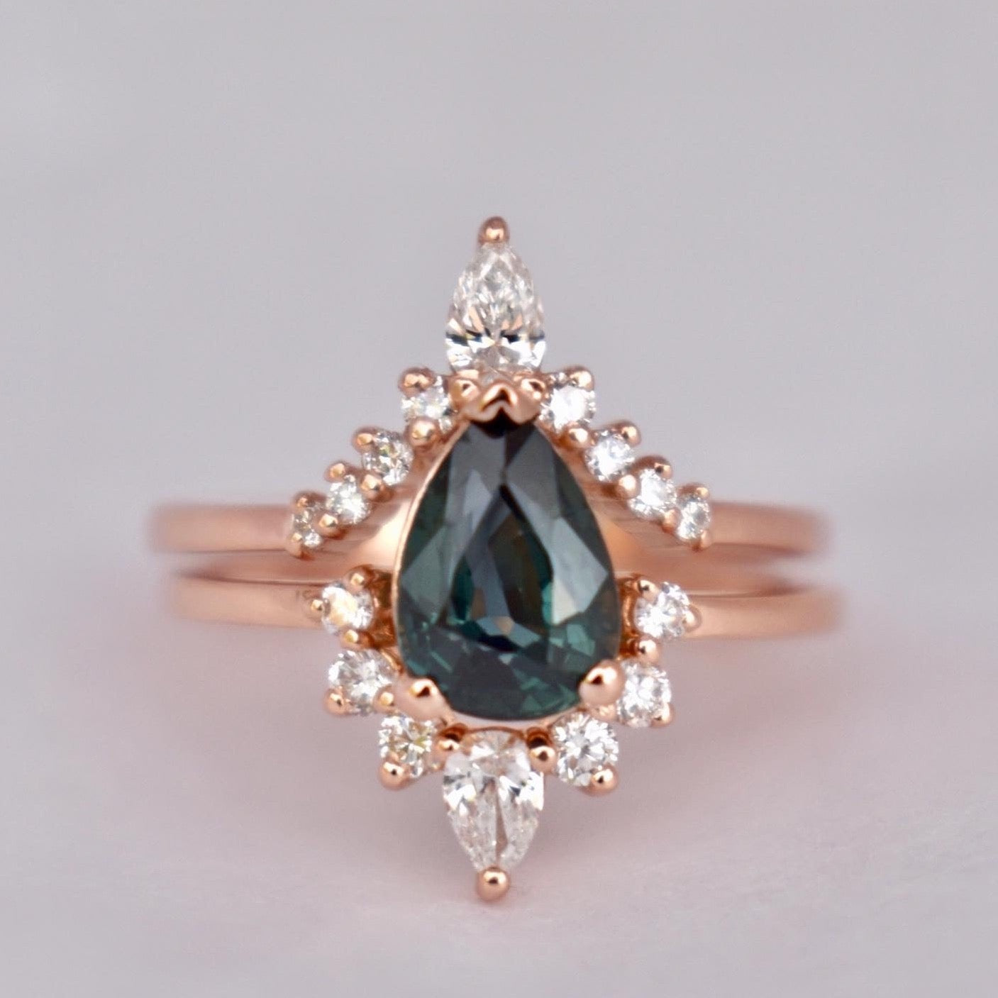 Teal Sapphire and Diamond Engagement Ring Set, Pear Shape Sapphire Nes – Albrecht Jewellery